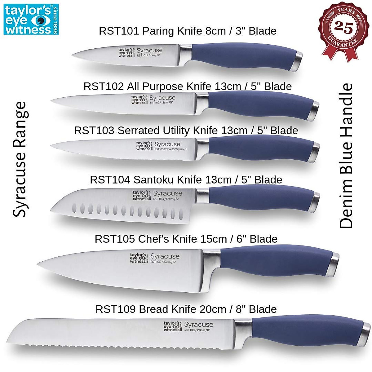 Taylors Eye Witness Syracuse Asian Kitchen Knife Set - Chefs Santoku 13cm/5” & Cooks All Purpose 13cm/5” Cutting Edge, Multi Use. Ultra Fine, Razor Sharp Blade. Soft Textured Grip Denim Blue Handle.