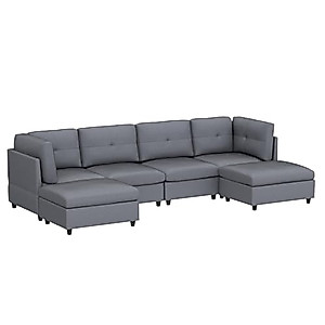 linor Modern U Shaped Convertible Sofa Couch, 118'' Modular Sectional Sofa with Tufted Back Cushion, 6 Seat Oversized Sectionals Sofa Couch with Ottomans for Living Room (Linen,Gray)