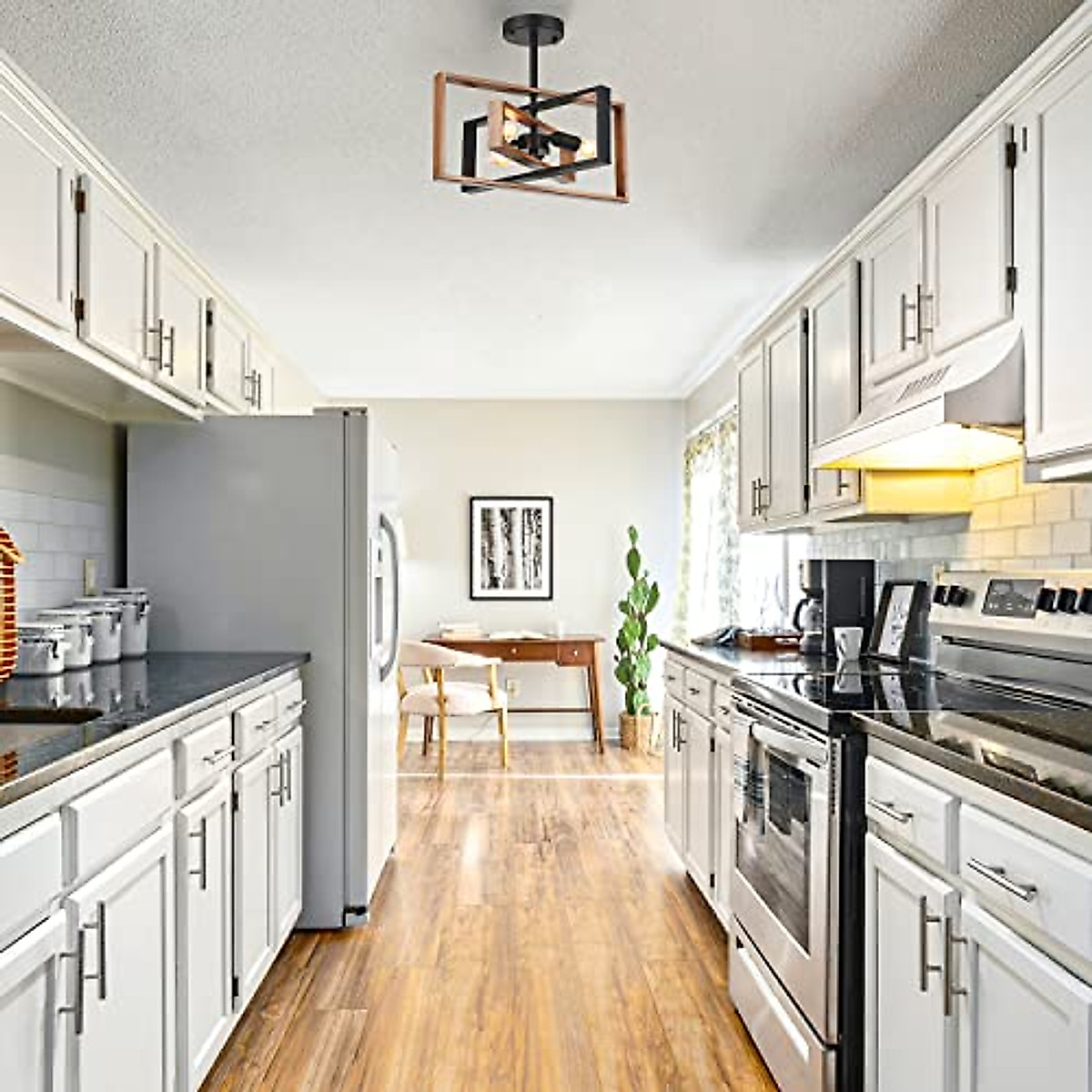 Capslpad Industrial Rectangle Ceiling Light Rustic Retro Farmhouse Rotatable Flush Mount Ceiling Light Fixture for Kitchen Dining Room Living Room Bedroom Hallway Entryway (Faux-Wood)