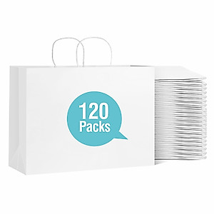 woric 120 PCS White Paper Bags with Handles, 16 x 6 x 12 inch Large Gift Bag Bulk Shopping Bags for Grocery Small Business Stocking Stuffers