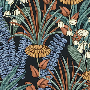 Boho Floral Peel and Stick Wallpaper Tropical Leaf Contact Paper,Vintage Botanical Flower Wall Paper, Self Adhesive Wall Mural 17.5" x 393" for Bedroom Cabinet Countertop Decor (Black, Orange, Blue)