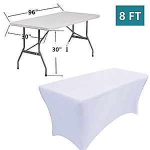 RELIANCER 2 Pack 8FT Rectangular Spandex Table Cover Four-Way Tight Fitted Stretch Tablecloth Table Cloth for Outdoor Party DJ Tradeshow Banquet Vendor Wedding Celebration (2PC 8FT, White)