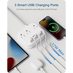 LENCENT 2 Prong Power Strip, 2 Prong to 3 Prong Outlet Adapter, 6.6 ft Braided Extension Cord with Polarized Plug, 3 AC Outlets & 3 USB(5V 3.4A Max), Wall Mountable, Ideal for Non-Grounded Outlets