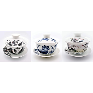 Teacups set,QMFIVE,Chinese Traditional Teaware Blue and White Porcelain Gaiwan Kungfu Tea bowl with Lid and Saucer - 6oz/180ml,Seclusion