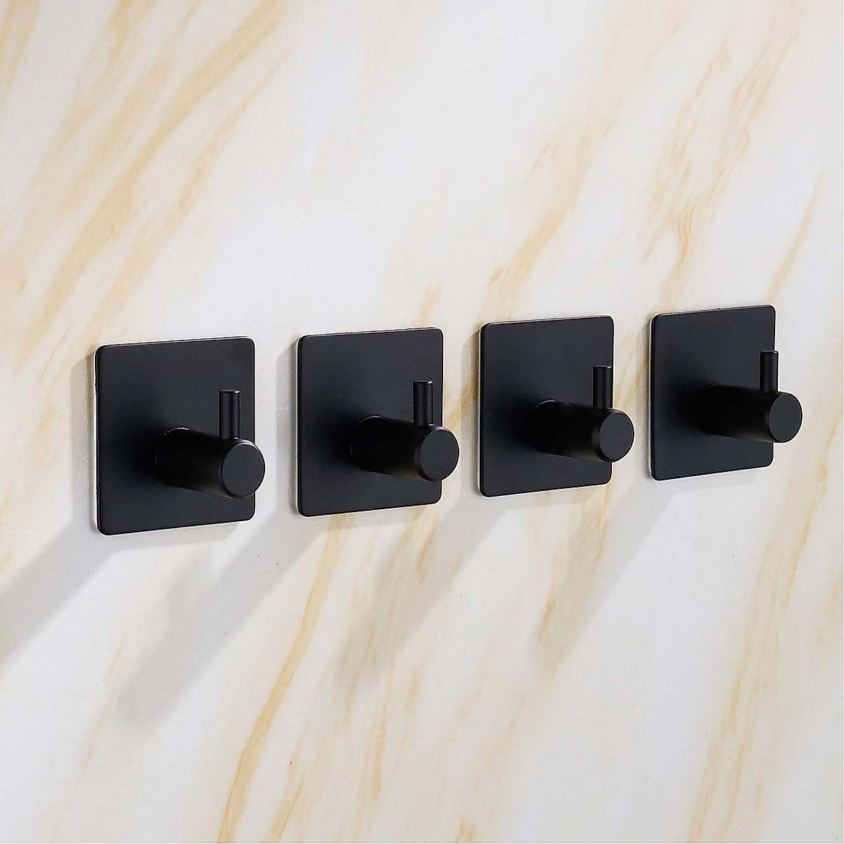LOOGI Adhesive Hooks, Door Hooks Heavy Duty Towel Hooks Stick on Wall Waterproof Stainless Steel Robe Hanger for Hanging Bathroom Kitchen Home Black 4 Pack
