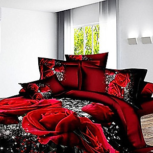 Longji 3D Oil Painting red Rose Bedding Set Queen King Size Comforter Bag Duvet Cover Set (Size : Queen 4pcs Duvet Cover 200x230cm)