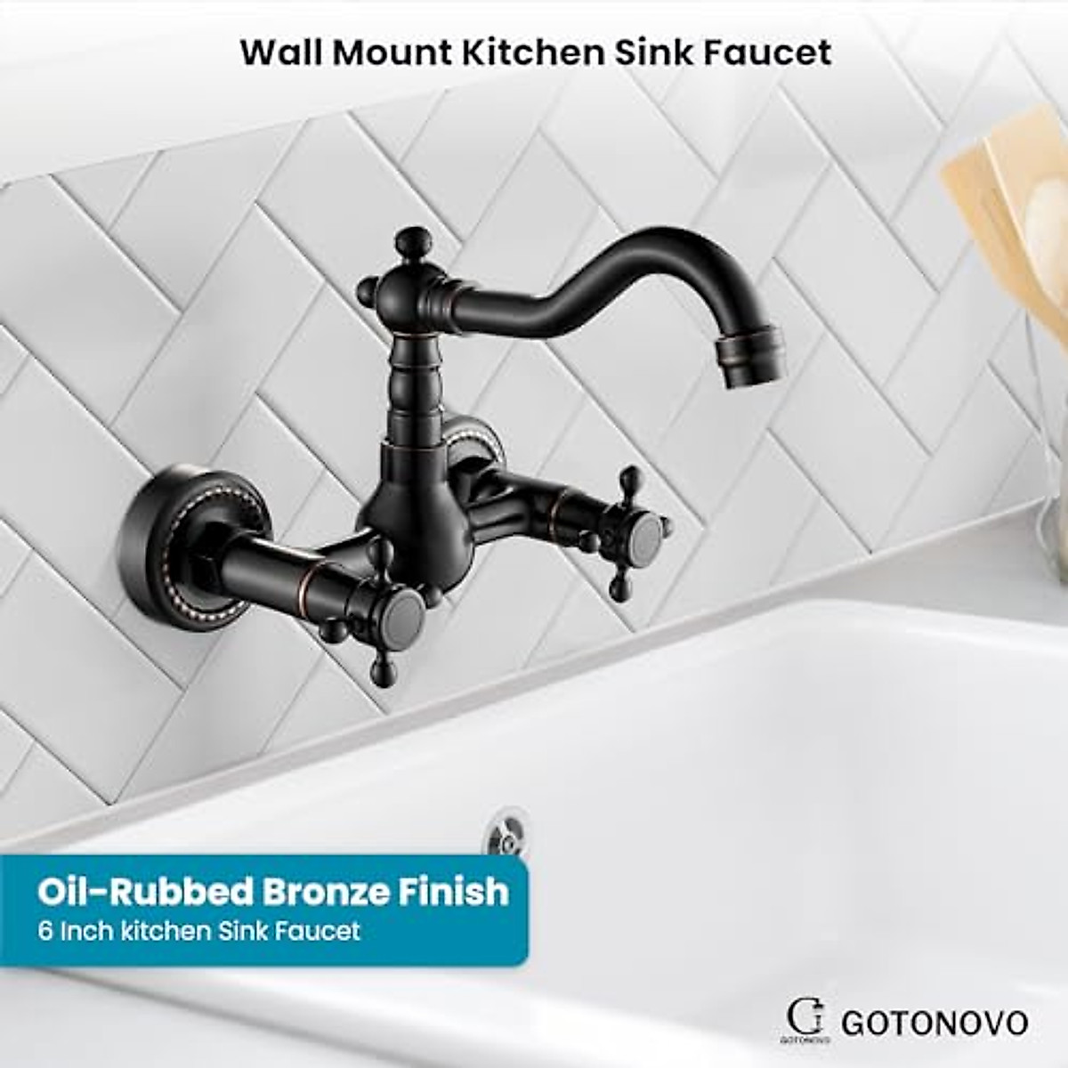gotonovo 6 Inch Center Oil Rubbed Bronze Wall Mount Kichen Sink Faucet 2 Double Knobs Handle Vintage Kitchen Bathroom Mixer Tap