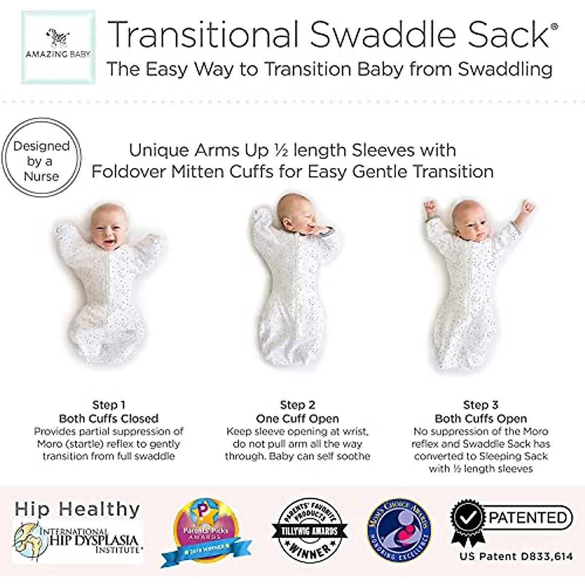 Amazing Baby Transitional Swaddle Sack with Arms Up Half-Length Sleeves and Mitten Cuffs, Little Zebra, Medium, 3-6 mo, 14-21 lbs (Better Sleep for Baby Boys, Baby Girls, Easy Swaddle Transition)