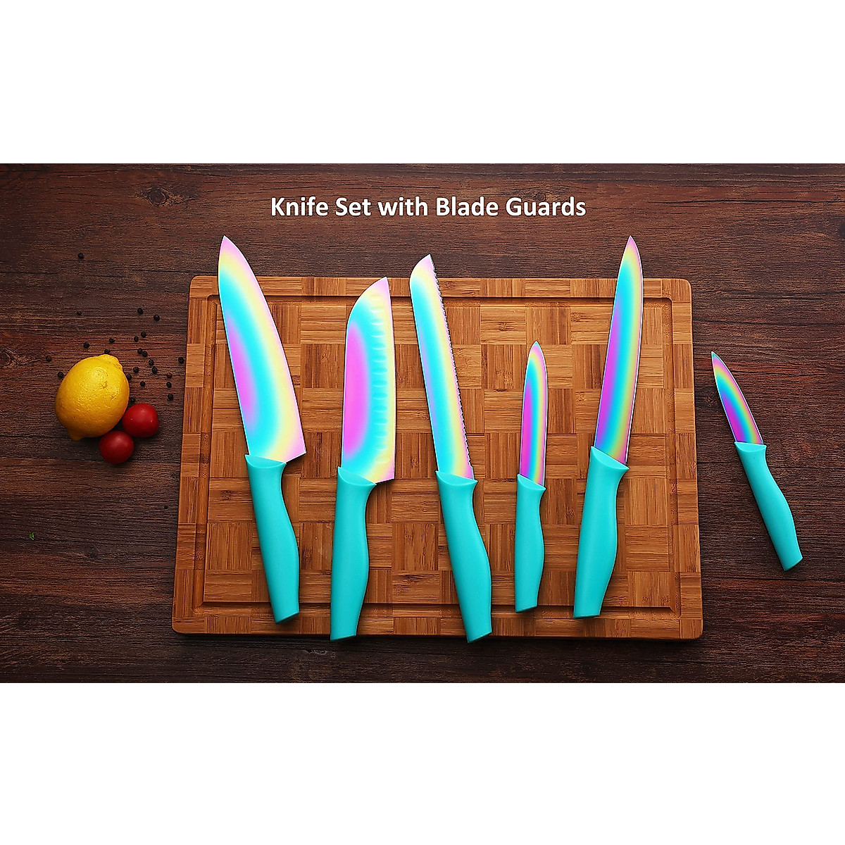 KYA37 Rainbow Titanium 12-Piece Stainless Steel Kitchen Knives Set with Sheath + KYA52 6PCS Nonstick Colorful Stainless Steel Rainbow Utensil Sets