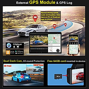4K Dash Cam Front and Rear, KQQ 4K+1080P Dash Camera for Cars Built-in WiFi External GPS, 3.16" Wide Angle Dual Dashboard Camera Driving Recorder with Night Vision WDR Parking Monitor, Free 64GB Card