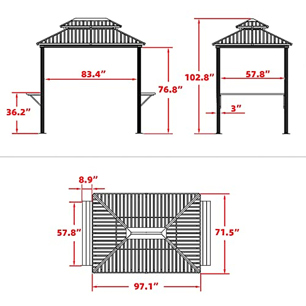 PURPLE LEAF Hardtop Grill Gazebo 6' X 8' for Patio Permanent Metal Roof Barbeque Gazebo with 2 Side Shelves Aluminum Garden Outside Sun Shade Outdoor BBQ Canopy with 12 Led Multicolor String Lights