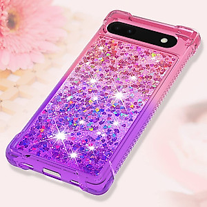 for Google Pixel 6a Case with Screen Protector, Glitter Bling Floating Liquid Women Girls Soft TPU Slim Cute Shockproof Phone Case Protective Cover for Google Pixel 6a Case -Purple Pink