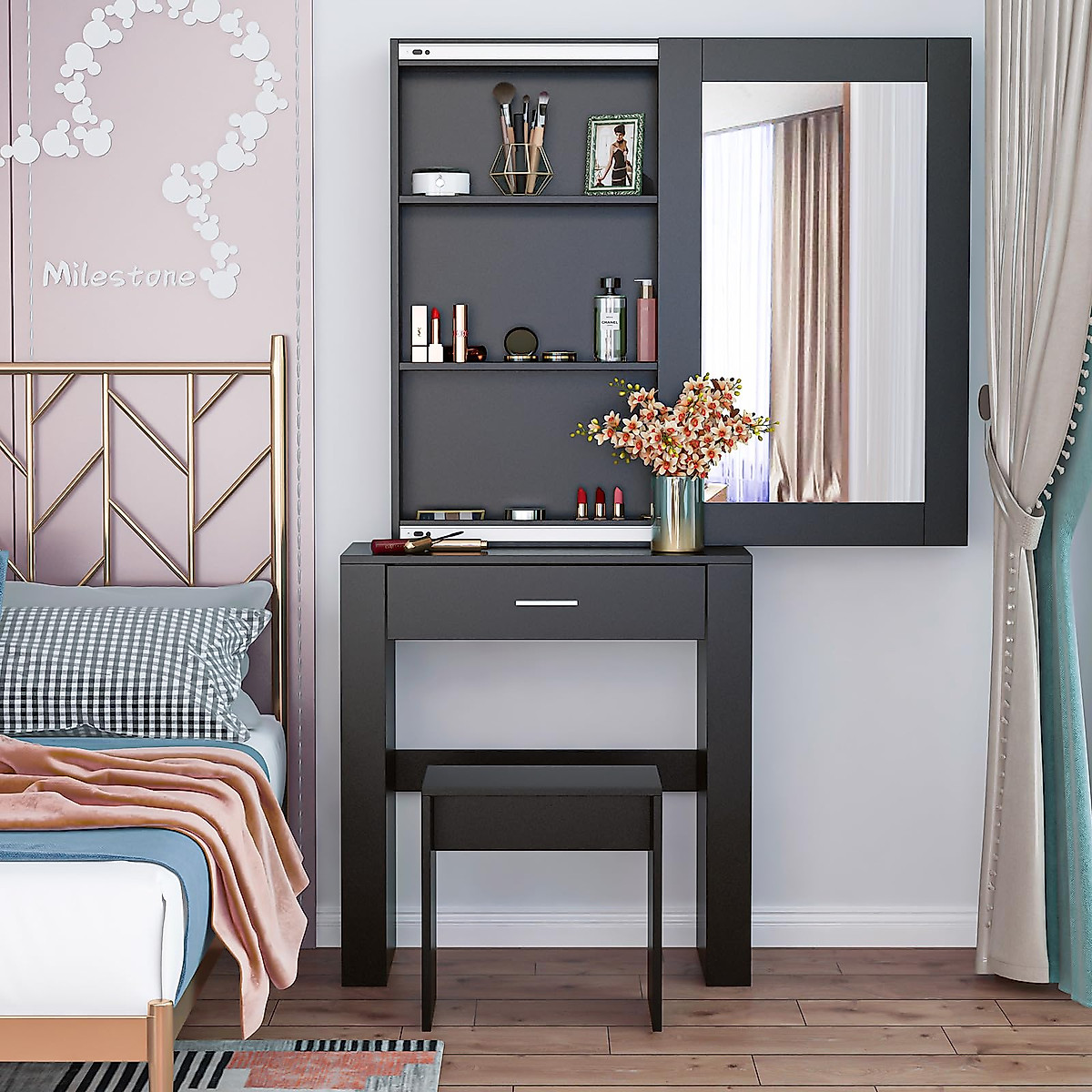 PHPMFTOS Makeup Vanity Desk with Mirror and Stool Bedroom Dressing Table with Storage Shelves Drawer Vanity Set for Women (Black)