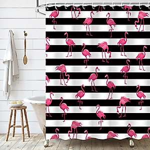 LIVILAN Flamingo Shower Curtains, Pink Shower Curtains with Hooks Flamingo Black and White Stripes Shower Curtains for Bathroom Decor, Machine Washable(72" X 72")
