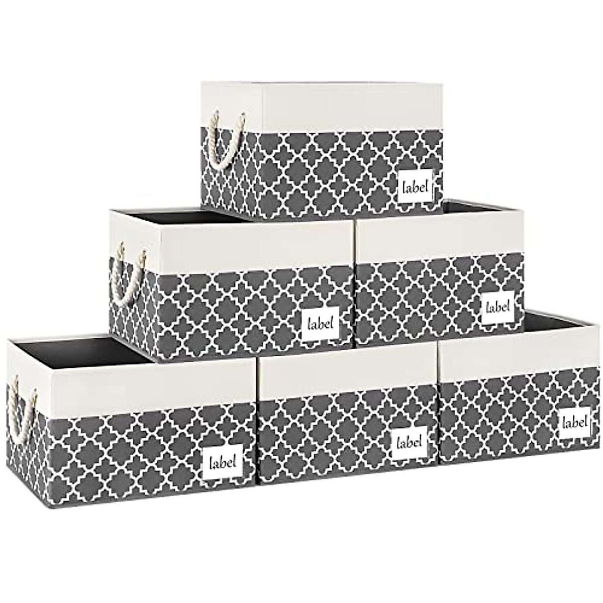 RVSNQ Extra Large Fabric Storage Bins 6-Pack, Foldable Storage Baskets for Organizing, Closet Storage Bins with Cotton Rope Handle and Label, Storage Baskets for Shelves Office (Grey Quatrefoil)