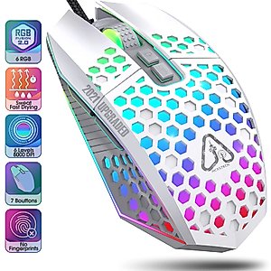 RICESTKCN Gaming Mouse PC Gaming Mice - Honeycomb Mouse Gamer RGB Gamingmouse Wired Ergonomic 6 Levels up to 8000 DPI 7 Programmable Buttons 7 Backlight Modes for PC Laptop Mac Windows Vista (White)