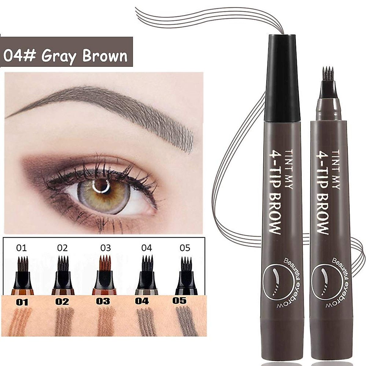 QUEMISS Eyebrow Pen Microblading 4 Fork Tip Eyebrow Pencil Creates Lasting MakeUp Professional Natural Brow Pen Cover Sparse Areas Daily Waterproof 3D Brow Pencil (04#Gray Brown)