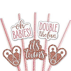 It’s Twin Girls - Paper Straw Decor - Pink and Rose Gold Twins Baby Shower Striped Decorative Straws - Set of 24