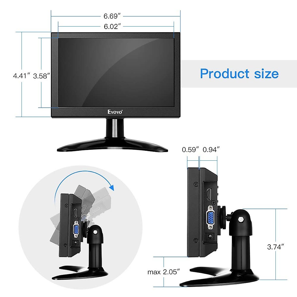 Eyoyo 7 Inch Small Monitor, Mini Hdmi Monitor IPS Display Screen Support HDMI VGA AV BNC Inputs, Secondary Monitor for PC/Computer/Raspi/Laptop/Security Camera/CCTV/PS4