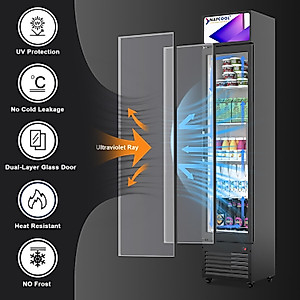 NAFCOOL Sub Zero Commercial Beverage Refrigerator Display Fridge，6 Cu Ft Small Slims Single Glass Door Merchandiser Drink Cooler with LED Light Adjustable Shelves,ETL and NSF Approval,15.4" Wide