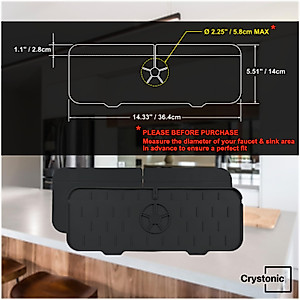Crystonic Faucet Sink Splash Guard Drain Mat, Dish Soap Sponge Dispenser Brush Holder, Kitchen Bathroom Gadgets & Accessories, Soft & Non-Slip Premium Silicone－Black (14.33" x 5.51")