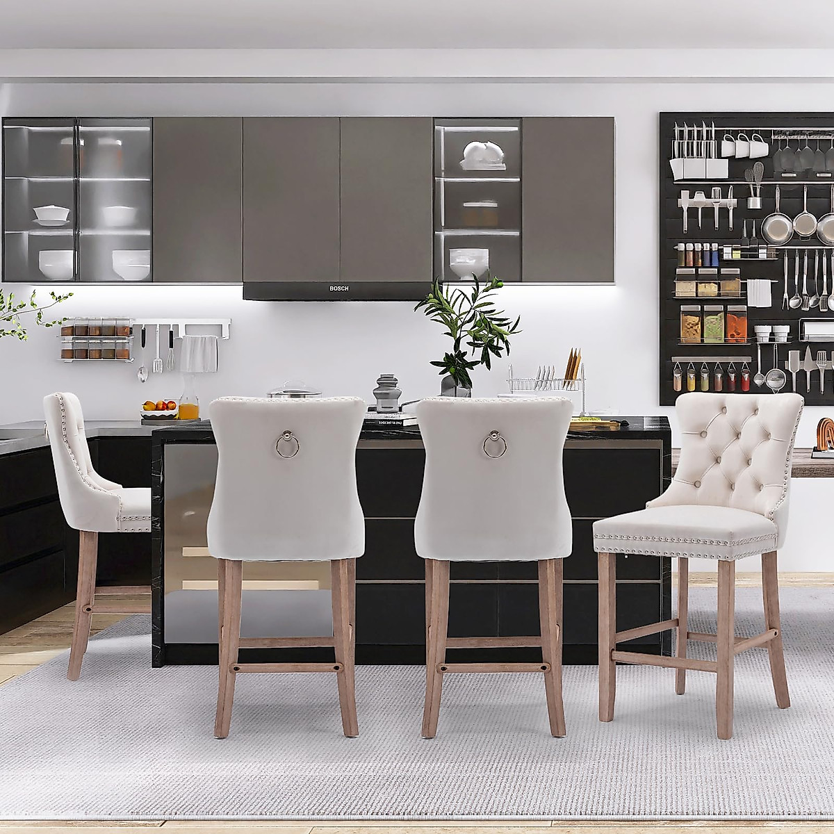 JETEAGO Bar Stools Set of 4, Velvet Upholstered Bar Stool for Kitchen Island, Counter Stools with Nailhead Trim, Beige