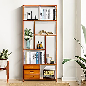 MoNiBloom 4 Tier Bookcase with 3 Drawers, Bamboo Freestanding Ventilated Display Shelf Storage Organizer Cabinet for Bedroom Living Room Office Décor, Brown