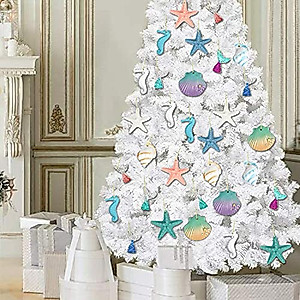 LOMIMOS 36PCS Christmas Ocean Themed Ornament,Colorful Summer Resin Pencil Finger with Rope,Assorted Beach Seashell Starfish Seahorse Nautical Hanging Decor for Wedding Birthday Party Craft