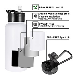 VQRRCKI 32 Oz Insulated Water Bottle with Straw Lid & Wide Mouth Lids, Stainless Steel Sports Water Bottles, Double Walled Vacuum, Leak Proof, White