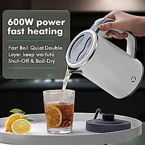 NARBOR Mini Electric Kettle, 0.8L Portable Travel Tea Kettle Stainless Steel Double Layer Hot Water Cordless BPA-Free, 600 W Boil-Dry Protection Boiler and Heater (white), (01)
