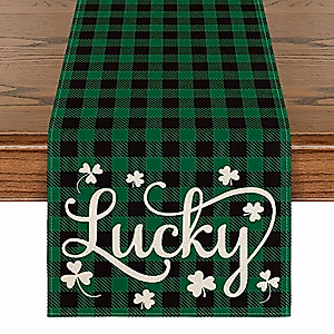 Artoid Mode Buffalo Plaid Lucky Clover Shamrock Table Runner, Seasonal St. Patrick's Day Holiday Kitchen Dining Table Runner for Home Party Decor 13 x 72 Inch