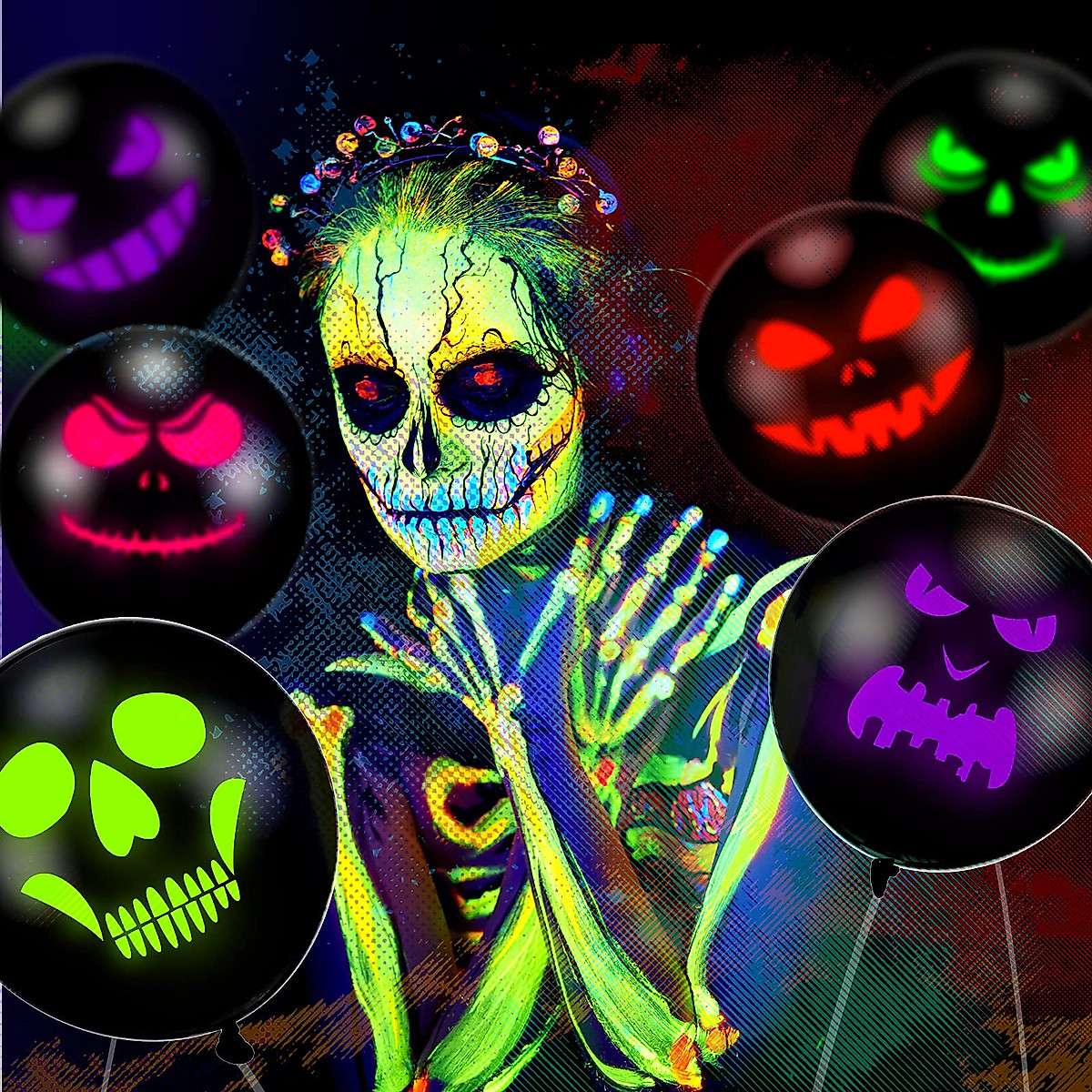 Halloween Balloons Decorations, 50 Pieces Halloween Neon Glow Ghost Balloons 12 Inch Black Light Reactive Fluorescent Latex Balloons Glow in the Dark Halloween Expression Balloons for Party Decoration
