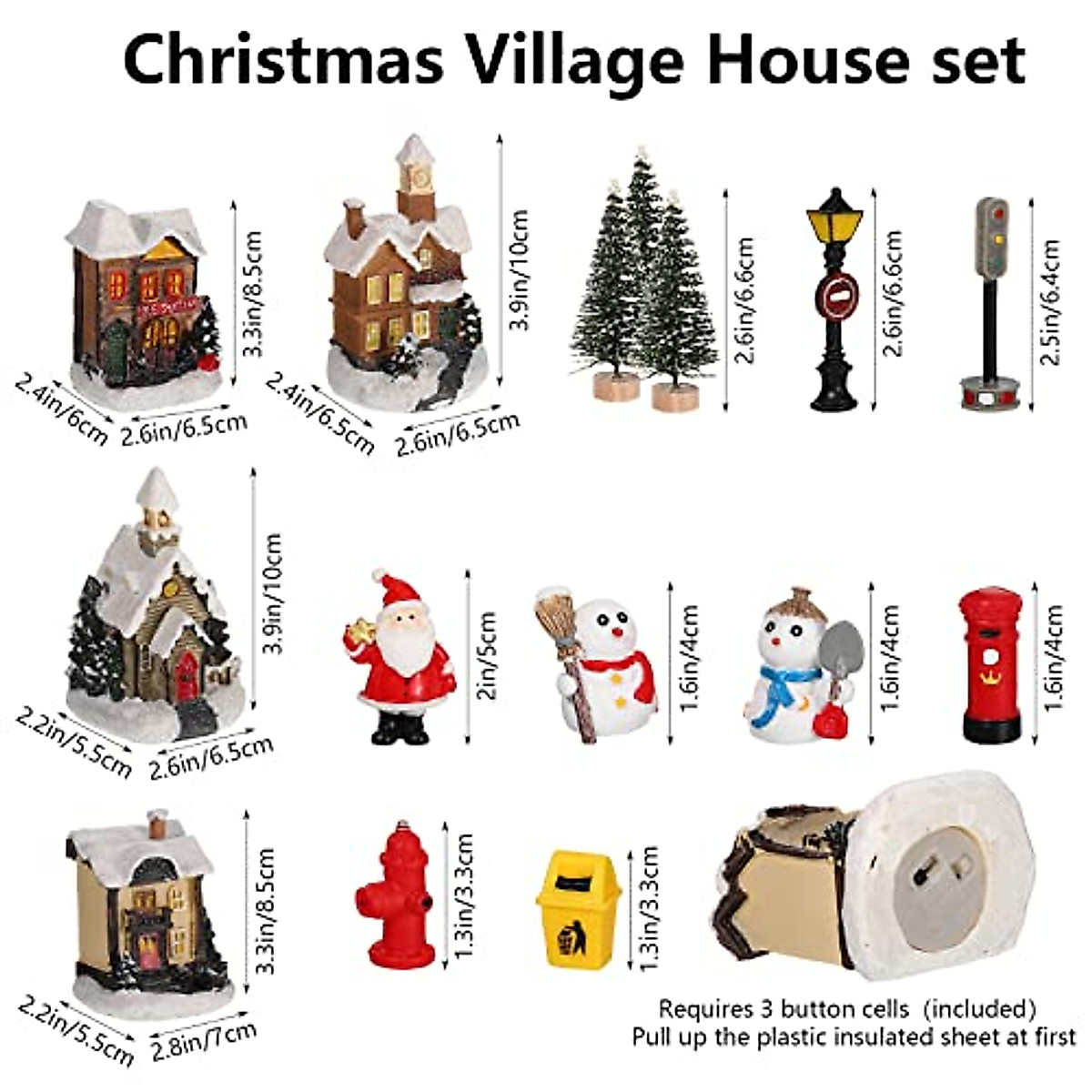 16 Pieces Christmas Village Set - Battery Operated Houses, Xmas Town Scene Desktop Ornament, Figurines, Accessories, Resin Buildings, Landscape Decor
