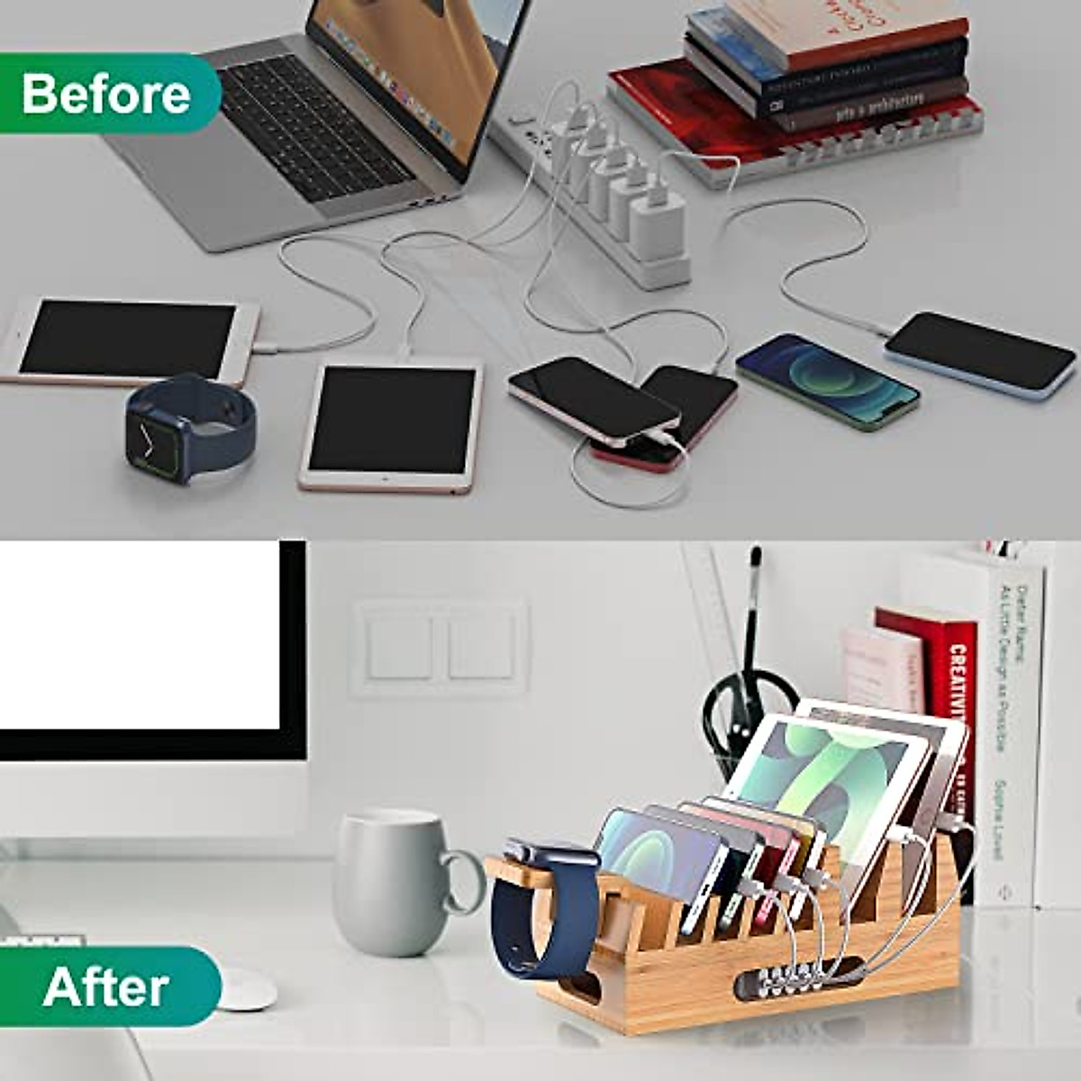 Bamboo Charging Station for Multiple Devices with 5 Port USB Charger, 5 Charger Cables and Watch Stand. Wood Desktop Docking Stations Organizer for Cell Phone, Tablet, Watch, Office Accessories