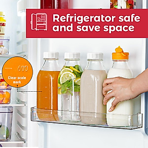 Dwbligt 32 oz Reusable Glass Milk Bottles with Silicone Dispenser Cap, 2 Pack Glass Jars with Airtight Screw Lid, Leak Proof Glass Juice Bottles with Scale Mark for Fridge