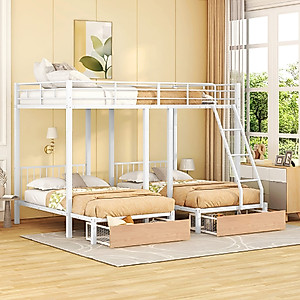 BIADNBZ Full Over Twin & Twin Triple Bunk Bed with Two Drawers, Metal 3 in 1 Bedframe with Guardrails, L-Shaped, for Kids Teens Adults Bedroom, White