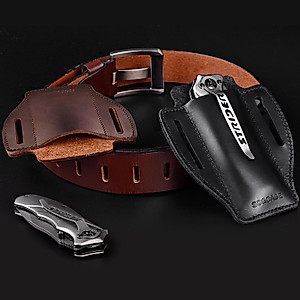 Knife Sheath for Belt, SOGCASE Compact EDC Leather Sheath, Folding Knife Holder, Pocket Knife Holster Compatibility with Praxis Flipper, 110/112 Ranger, SWA24S Knives, (Black, Large)