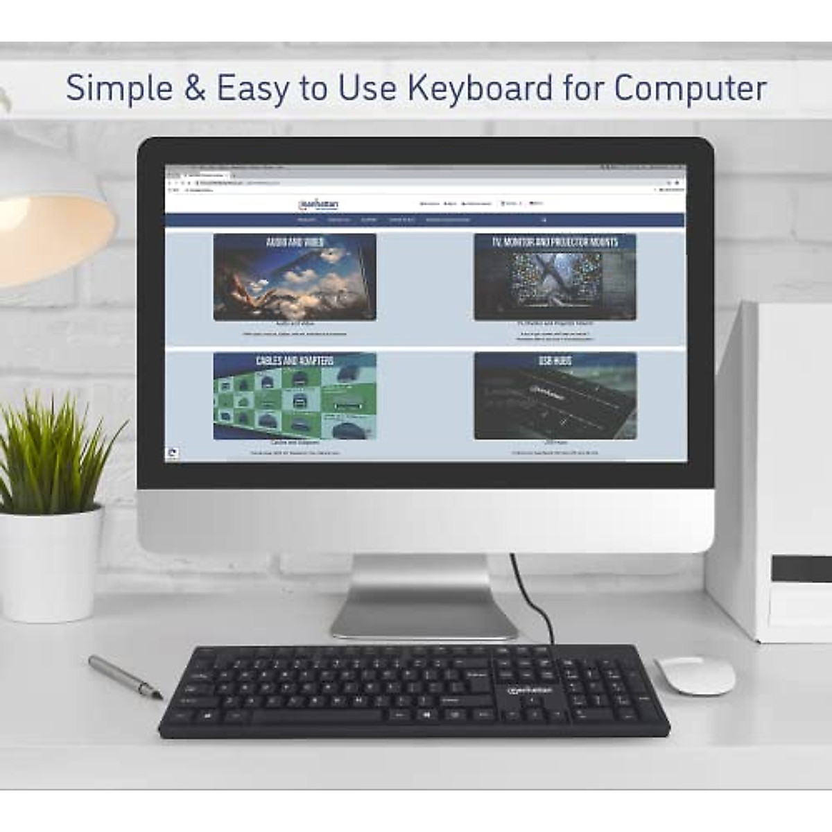 Manhattan Wired Computer Keyboard – Basic Black Keyboard - with 4.5ft USB-A Cable, 104-keys, Foldable Stands - Compatible for Windows, PC, Laptop - 3 Yr Mfg Warranty – 179324