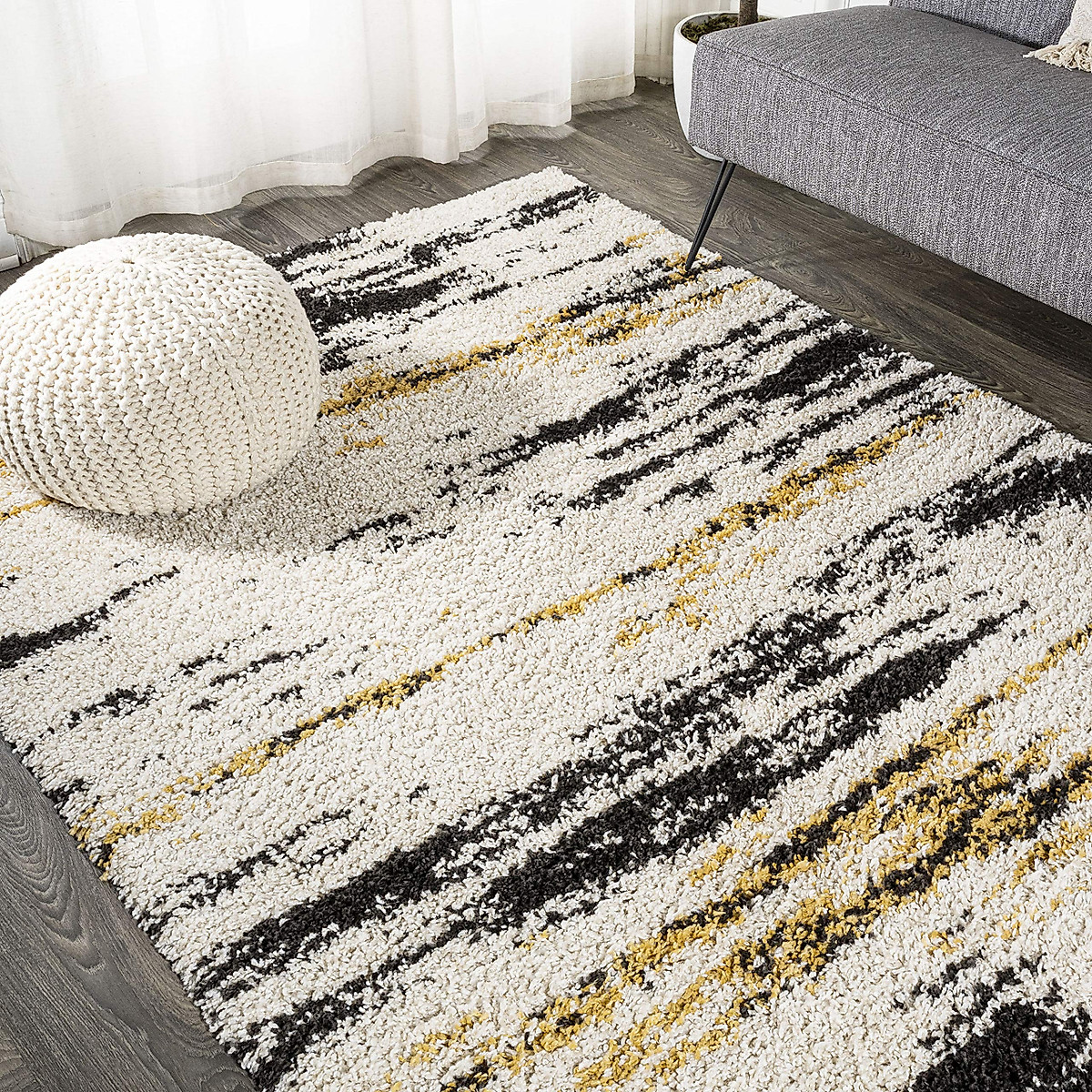 JONATHAN Y SHG102A-8 Nova Modern Bold Strie' Shag Indoor Area-Rug Bohemian Contemporary Abstract Distressed Easy-Cleaning Bedroom Kitchen Living Room Non Shedding, 8 X 10, Beige/Black/Yellow