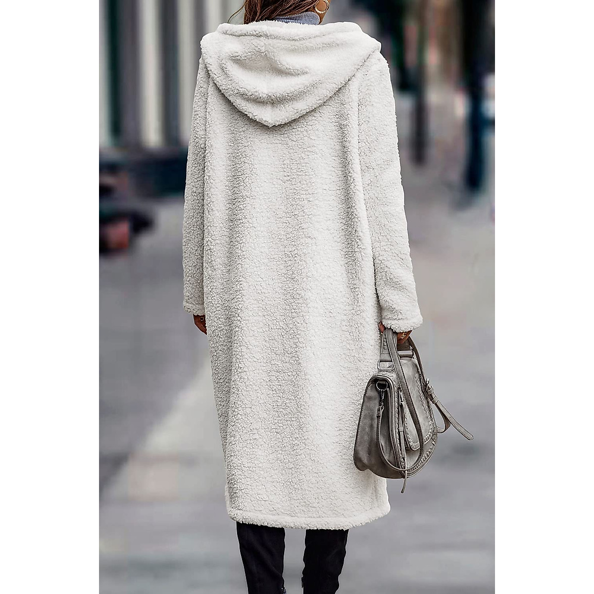 PRETTYGARDEN Women's Fashion Winter Coats Fuzzy Fleece Long Hooded Jackets Button Down Faux Fur Warm Outerwear (Beige White,Large)