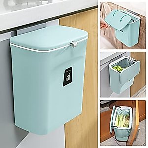 2.4 Gallon Kitchen Compost Bin for Counter Top or Under Sink, Hanging Small Trash Can with Lid for Cupboard/Bathroom/Bedroom/Office/Camping, Mountable Indoor Compost Bucket (Blue)