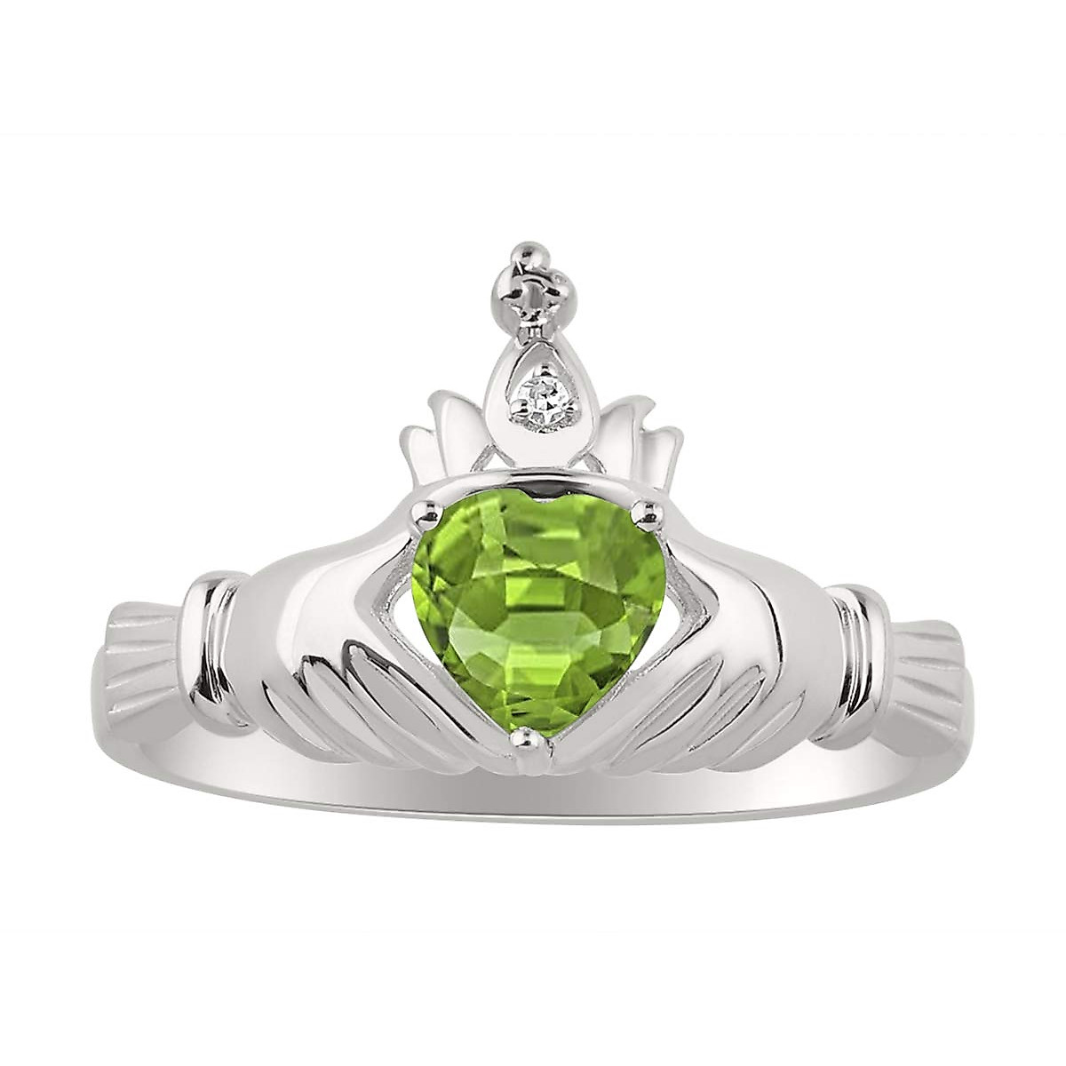 Rylos Rings Sterling Silver Claddah Love, Loyalty & Friendship Ring Heart 6MM Gemstone & Diamond Claddagh Rings August Peridot Jewelry Size 11