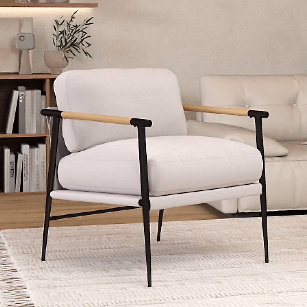 LukeAlon Mid-Century Chenille Accent Chair, Ultra Soft Living Room Chair with Metal Legs Modern Armchair Lounge Chairs Upholstered Comfy Leisure Chair for Bedroom Reception Area Reading Room, Beige