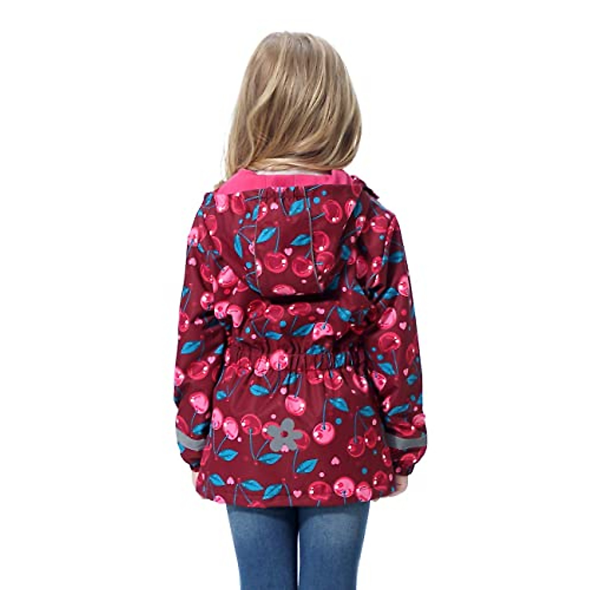 DILIBA Girls Rain Jacket Lightweight Waterproof Windbreaker Hooded Raincoat Winter Warm Fleece Lined Coat for Kids Wine Red Heart 9-10 Years