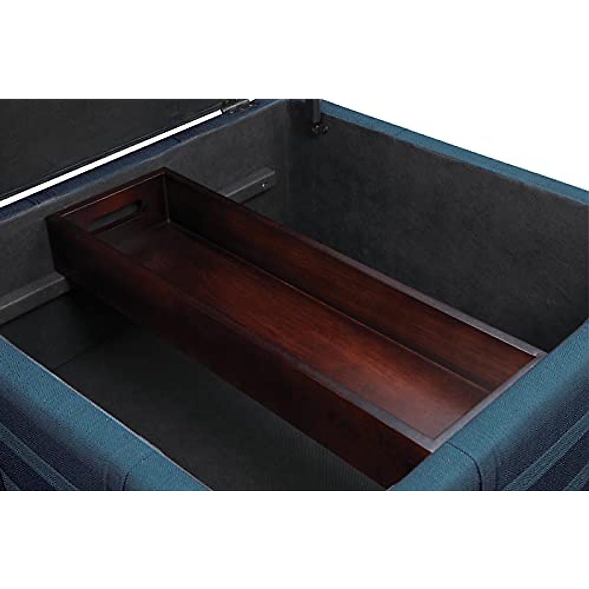 OSP Home Furnishings Detour Strap Square Storage Ottoman with Tray and Solid Wood Legs, Azure Fabric