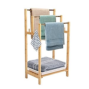 3 Tier Towel Rack Holder Free Standing Towel Hanging and Drying Rack Bath Towel Storage Organizer Solution for Bathroom Hotel Restroom Beach Swimming Pool (Bamboo)