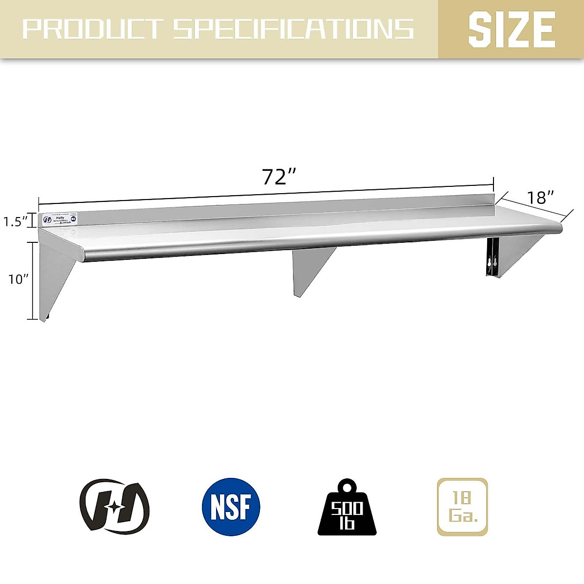 HALLY SINKS & TABLES H Stainless Steel Shelf 18 x 72 Inches, 500 lb, Commercial Wall Mount Floating Shelving for Restaurant, Kitchen, Home and Hotel