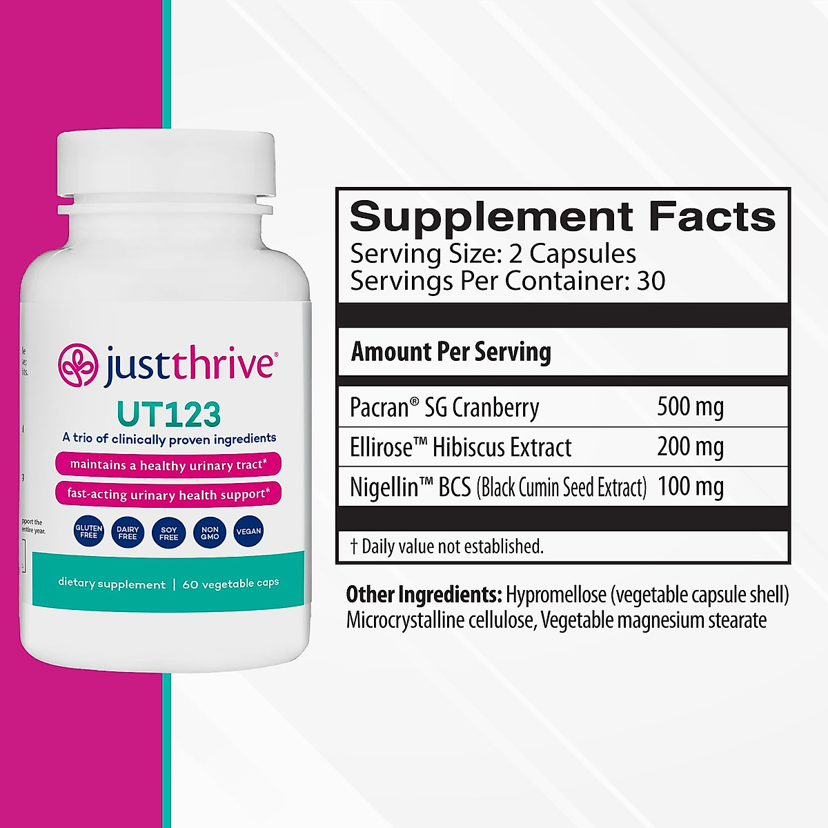 Just Thrive UT123 - Supports Urinary Tract Health for Women - Made with Cranberry, 60 Capsules
