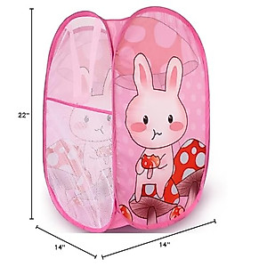 WEI LONG Mesh Popup Hamper-Foldable Lightweight Basket for Washing-Durable Clothing Storage for Kids Room,Students College Dorm,Home,Travel & Camping-Pop-up Clothes Hamper (Pink Rabbit)