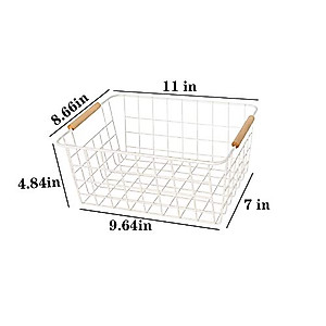 LeleCAT wire white baskets with Wooden Handles Storage Organizer Baskets, Household Refrigerator for Cabinets, Pantry, Closets, Bedrooms, kitchen - Set of 2（White）